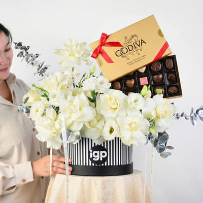 Serene Grace Blooms And Chocolate Indulgence Gift Combo: Order Flowers ...