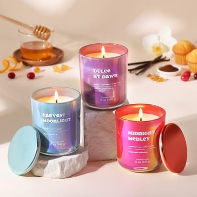 Trio of Scented Candles 340gms Harvest Moonlight,Dulce At Dawn ...